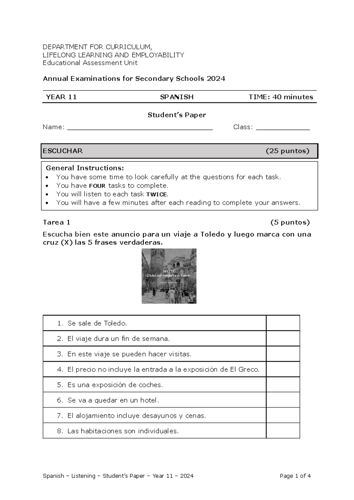 Spanish Year 11 Listening Exam 2024 - ESCUCHAR (40 min) - Studocu