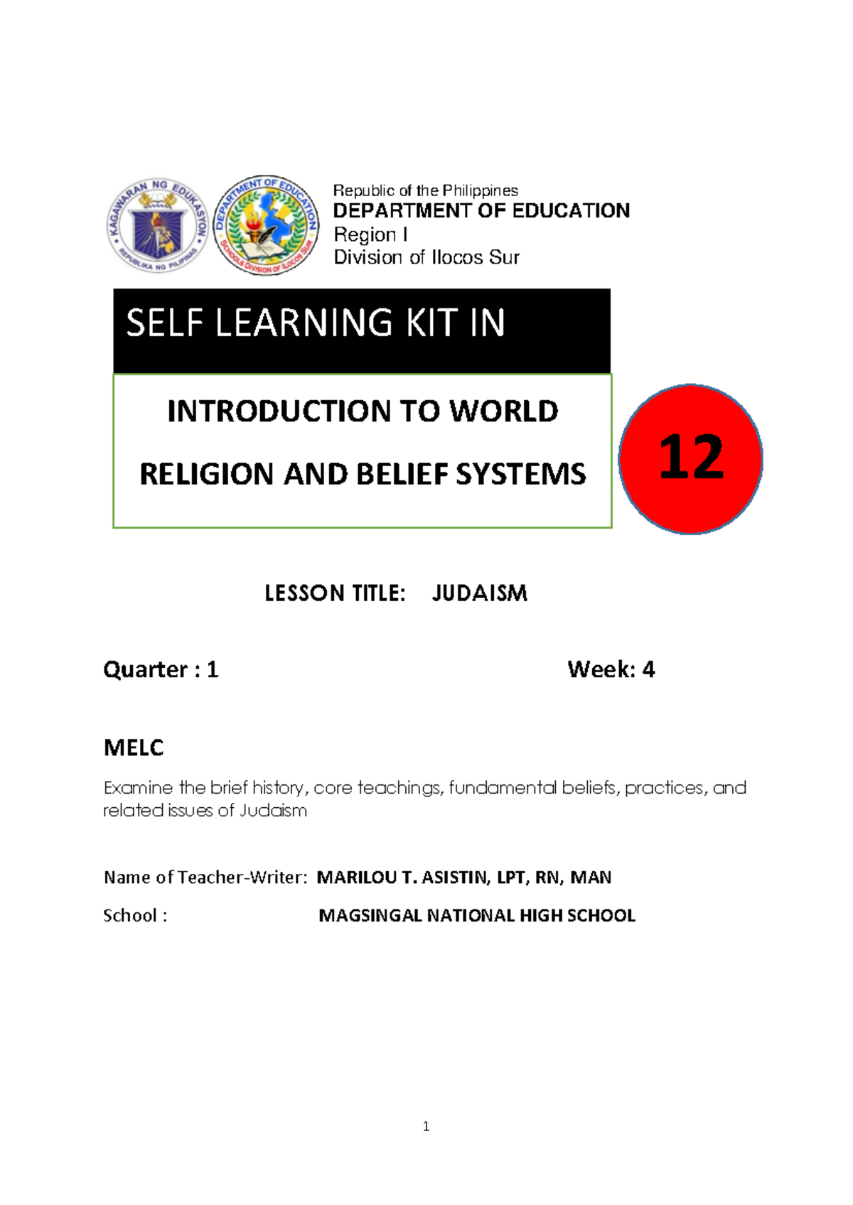 1 World- Religion.-Q - LESSON TITLE: JUDAISM Quarter : 1 Week: 4 MELC ...