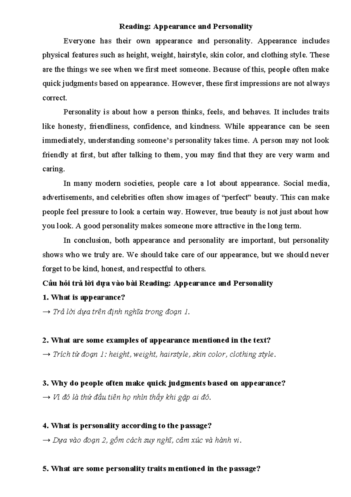 Reading: Appearance and Personality Analysis - RHKJ 101 - Studocu
