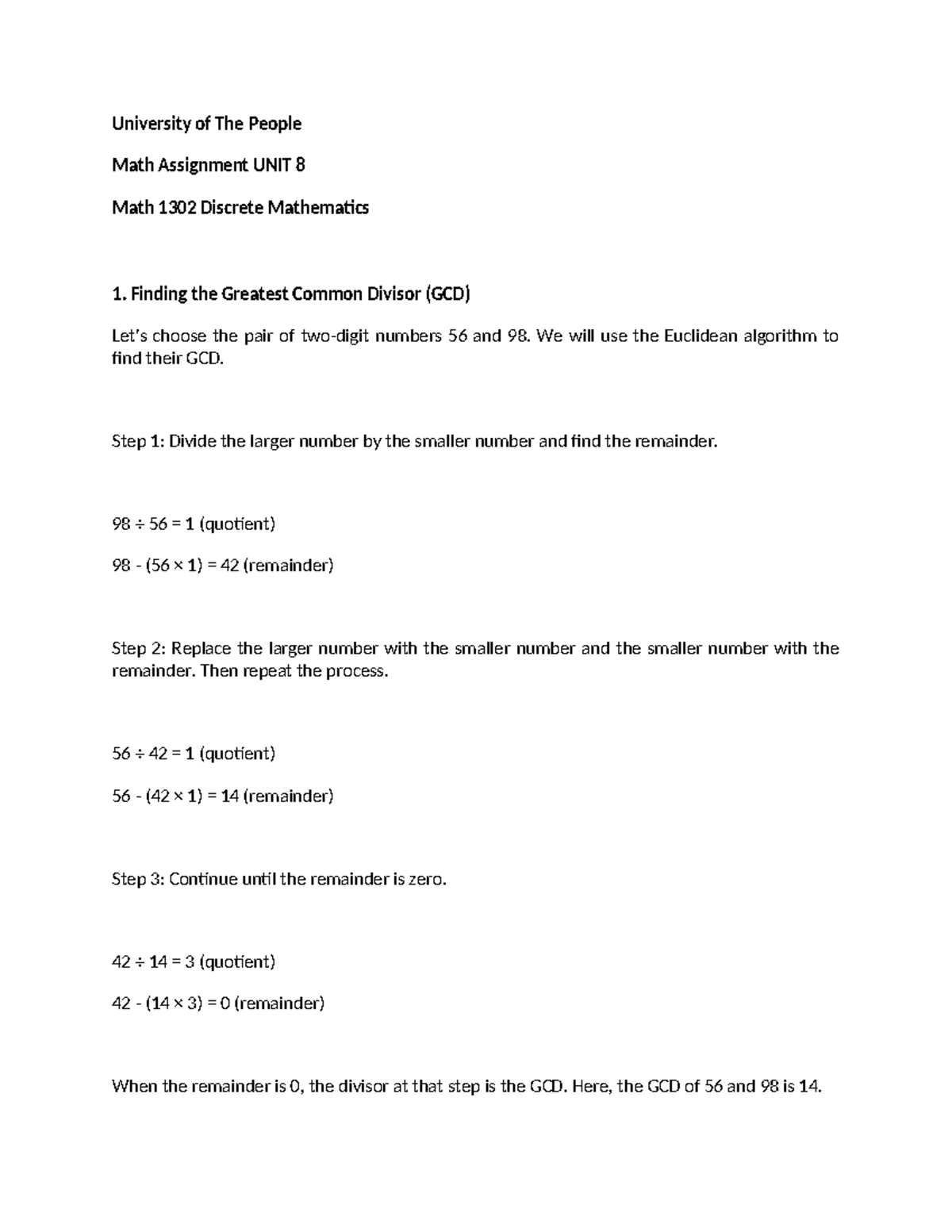 Math 1302 Assignment: Understanding GCD & Modular Arithmetic - Studocu