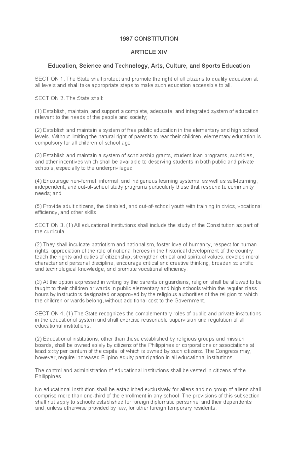 1987 Constitution - Article XIV: Education, Science, and Technology ...
