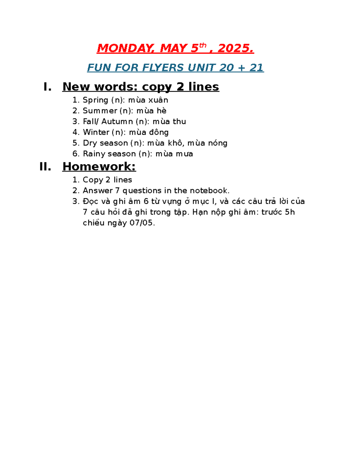 Unit 20 Vocabulary & Homework - Fun for Flyers - Studocu