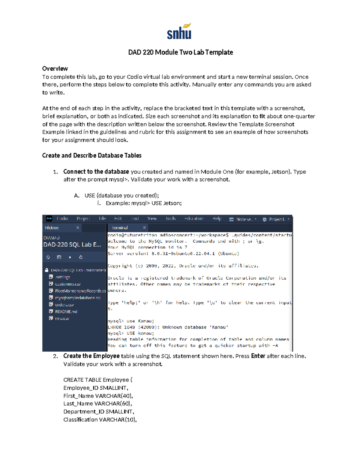 DAD 220 Module Two Lab: Database Table Creation and Validation - Studocu