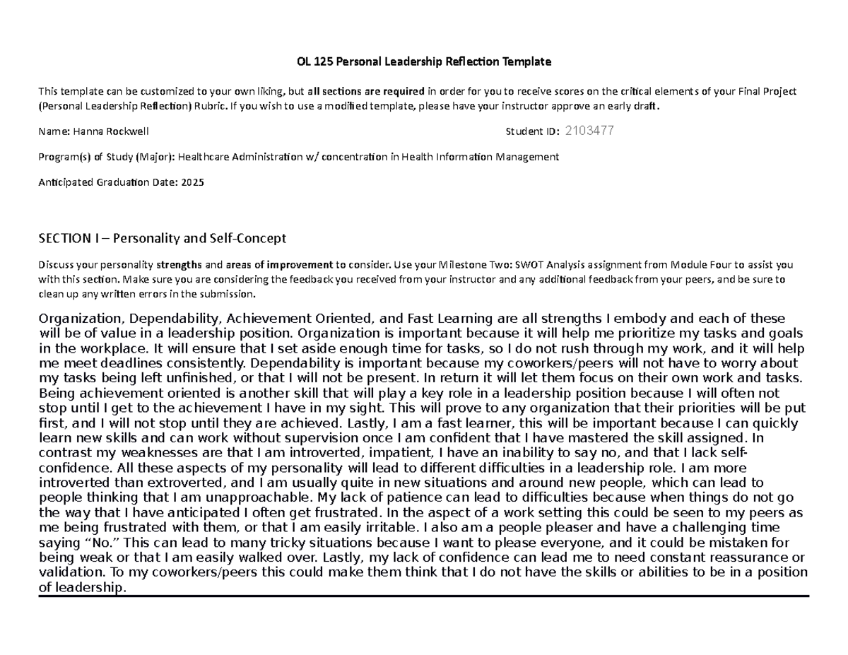 Personal Leadership Reflection Final Paper - OL 125 Personal Leadership ...