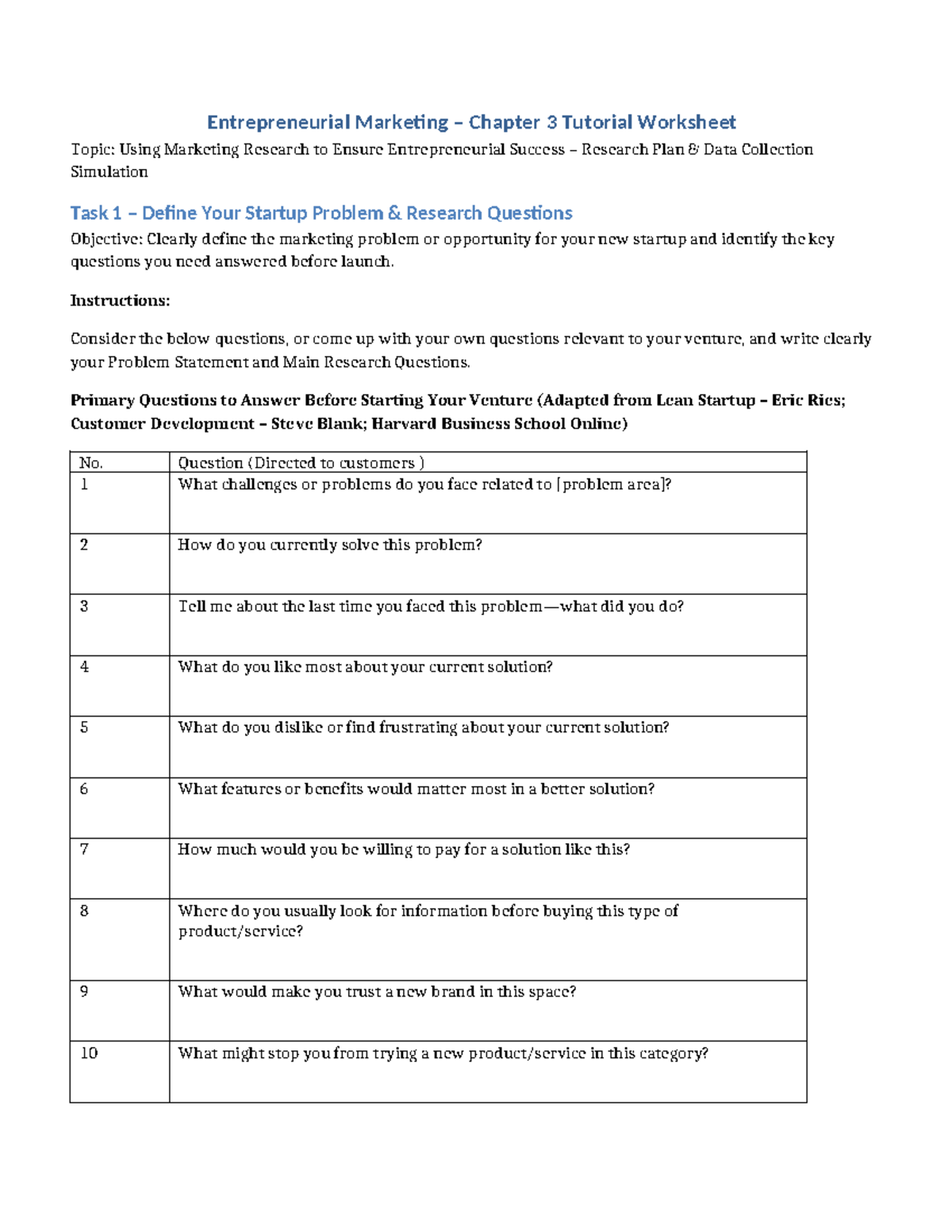 EM WS 3 - Entrepreneurial Marketing Chapter 3 Research Plan Guide - Studocu