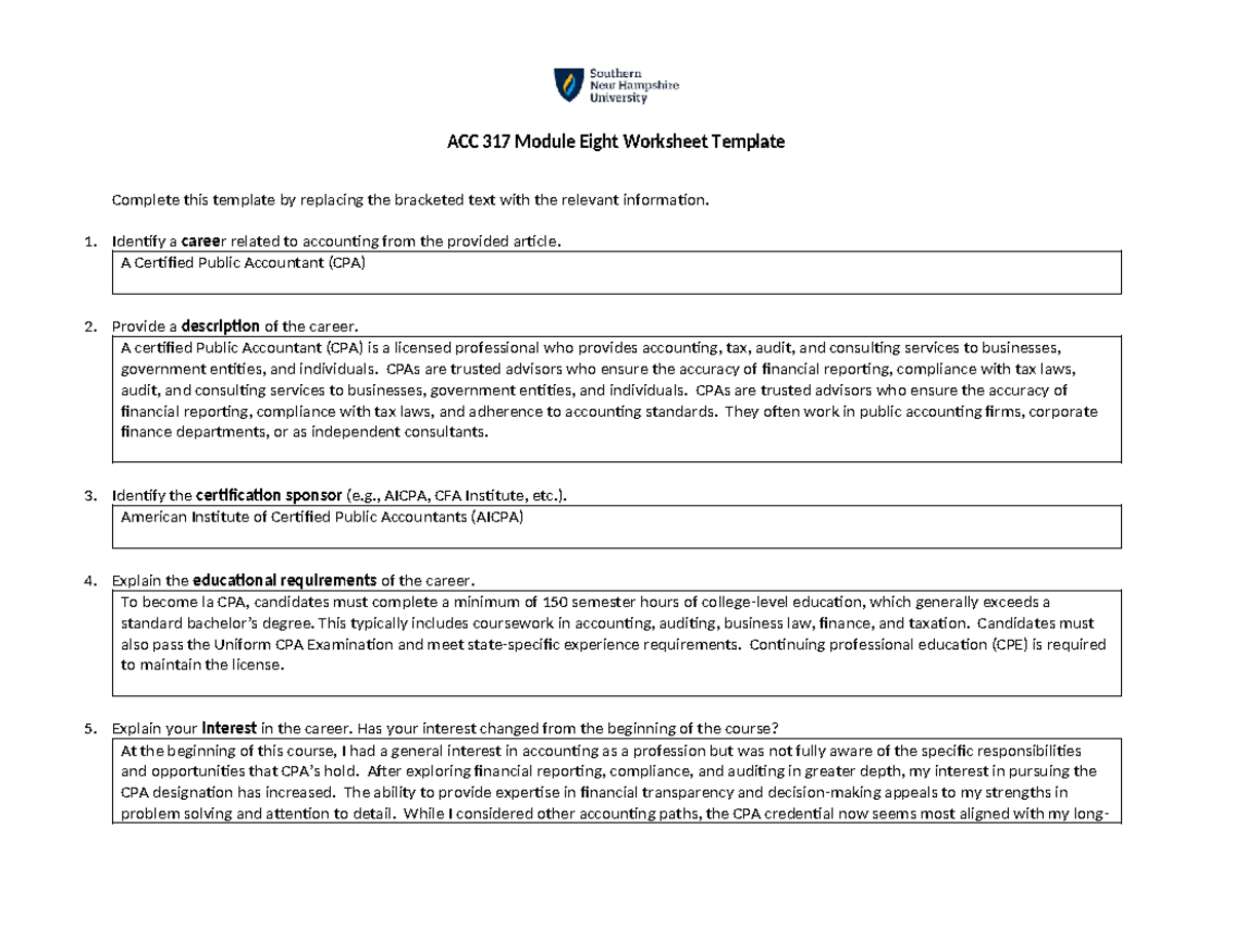 ACC 317 Module Eight Worksheet: CPA Career Exploration - Studocu