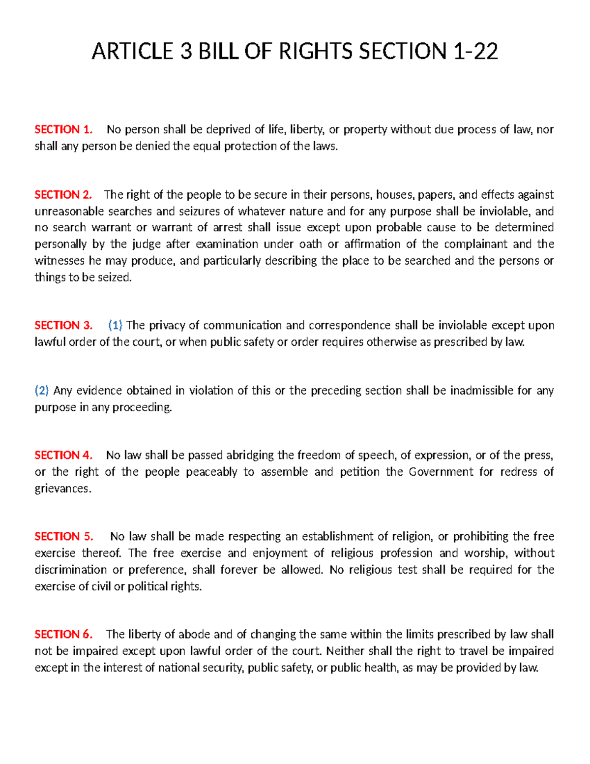 Article 3 BILL OF Rights Section 1 - ARTICLE 3 BILL OF RIGHTS SECTION 1 ...