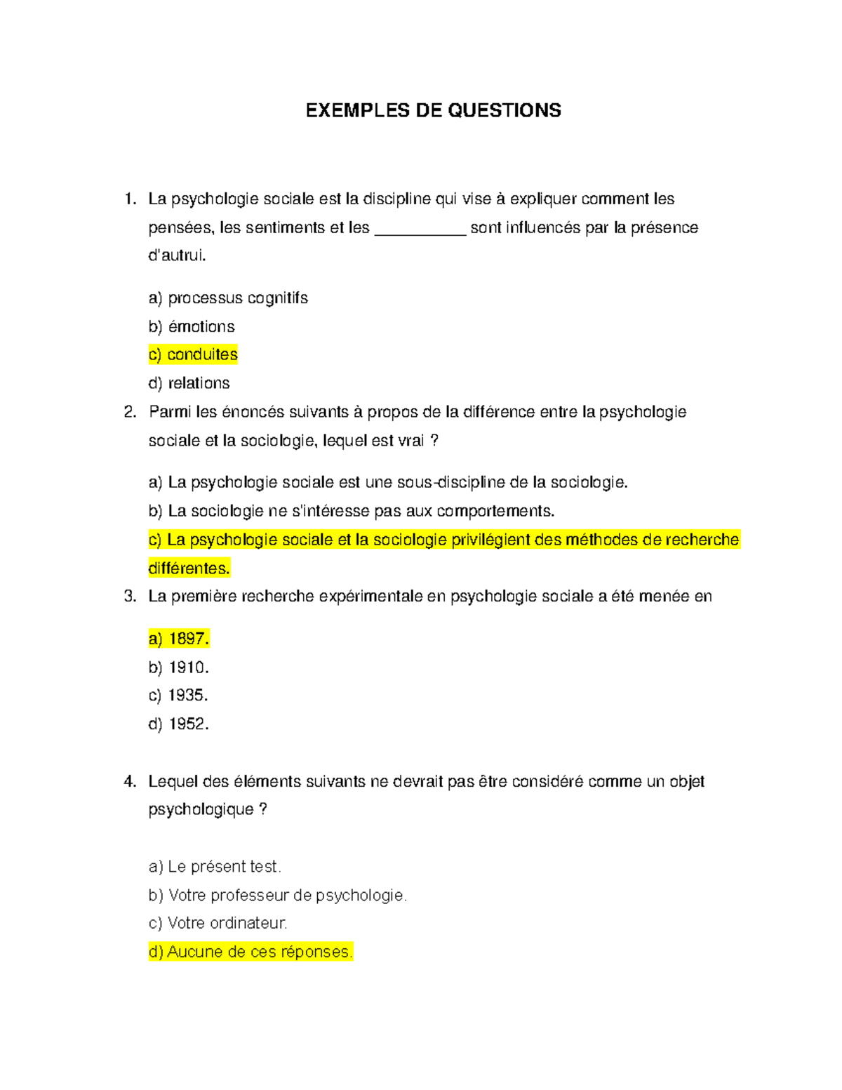 Exemples DE Questions ( Corrigé) - EXEMPLES DE QUESTIONS La psychologie ...