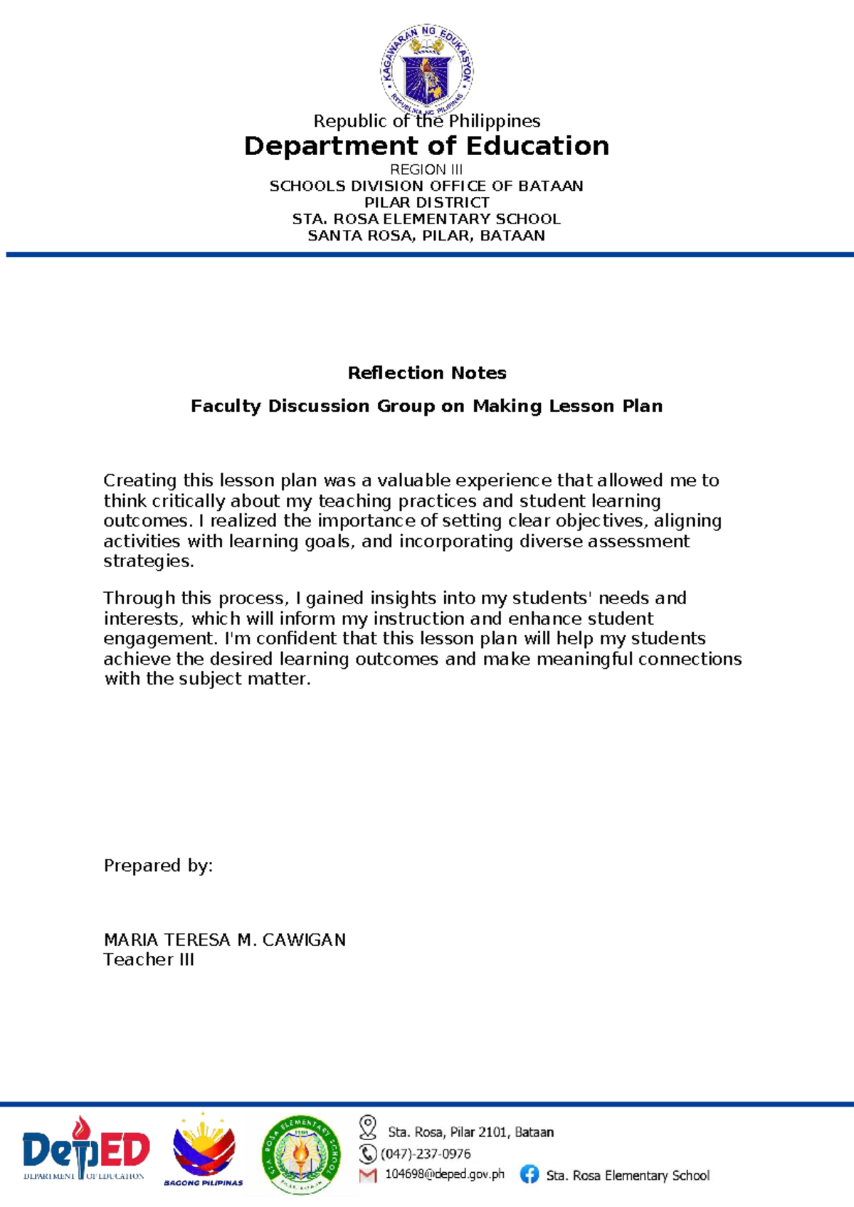 Reflection Notes on Lesson Planning and Instructional Development - Studocu