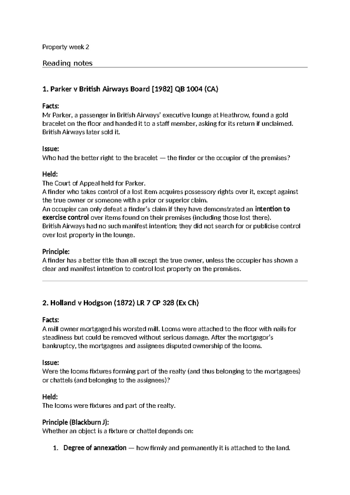 Property Law QB 1004: Week 2 - Fixtures & Finding Notes - Studocu