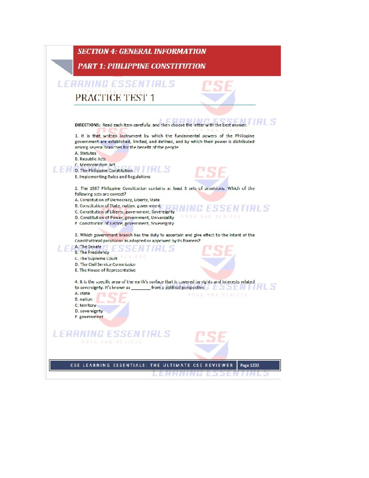 CSE Practice Test 1: Philippine Constitution Learning Essentials - Studocu
