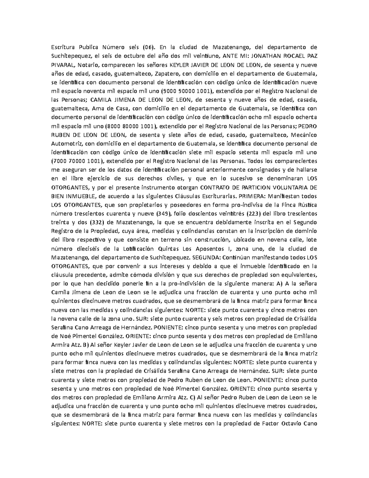 Contrato de Partición Voluntaria de Bien Inmueble en Mazatenango - Studocu