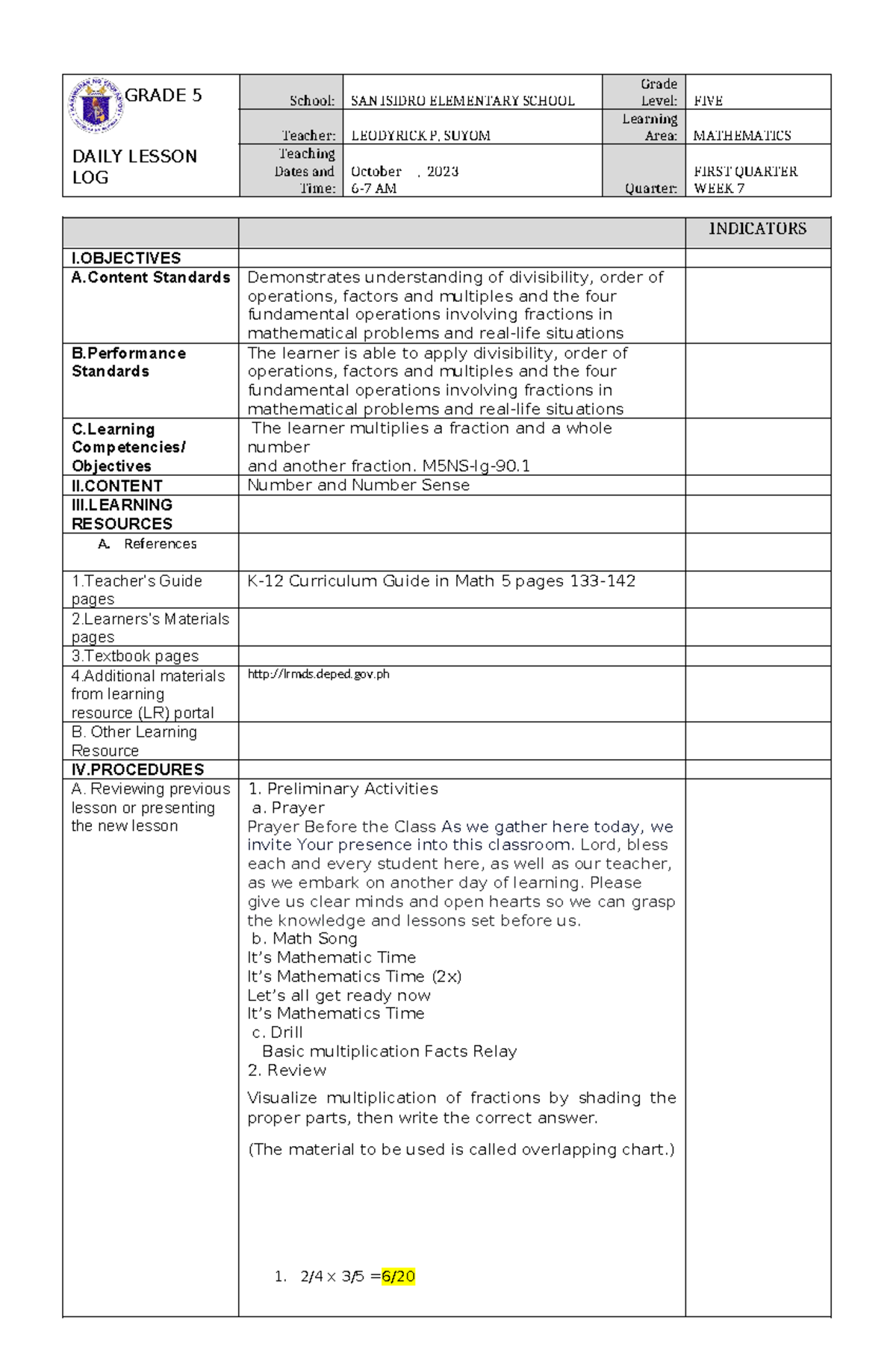 DLL MATH with indicators FOR CO 1 - GRADE 5 DAILY LESSON LOG School ...