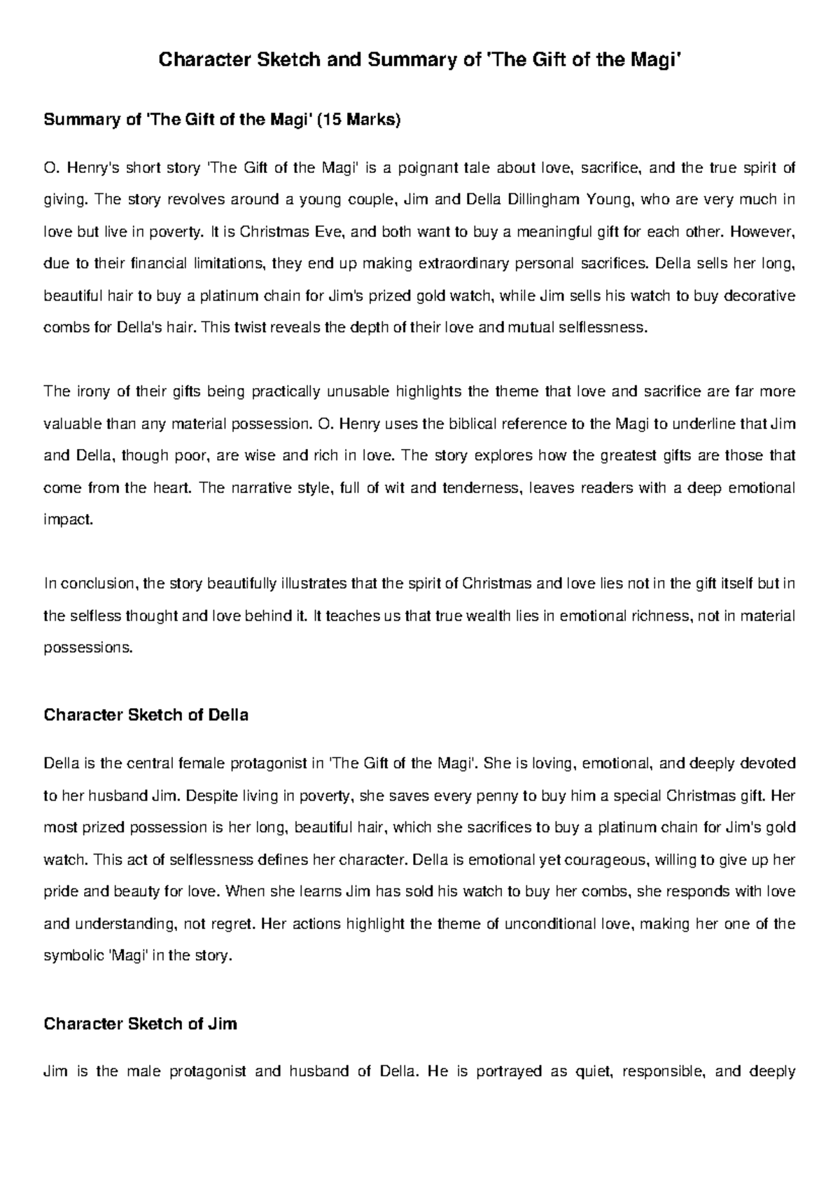 Gift of the Magi: Character Sketch & Summary (15 Marks) - Studocu