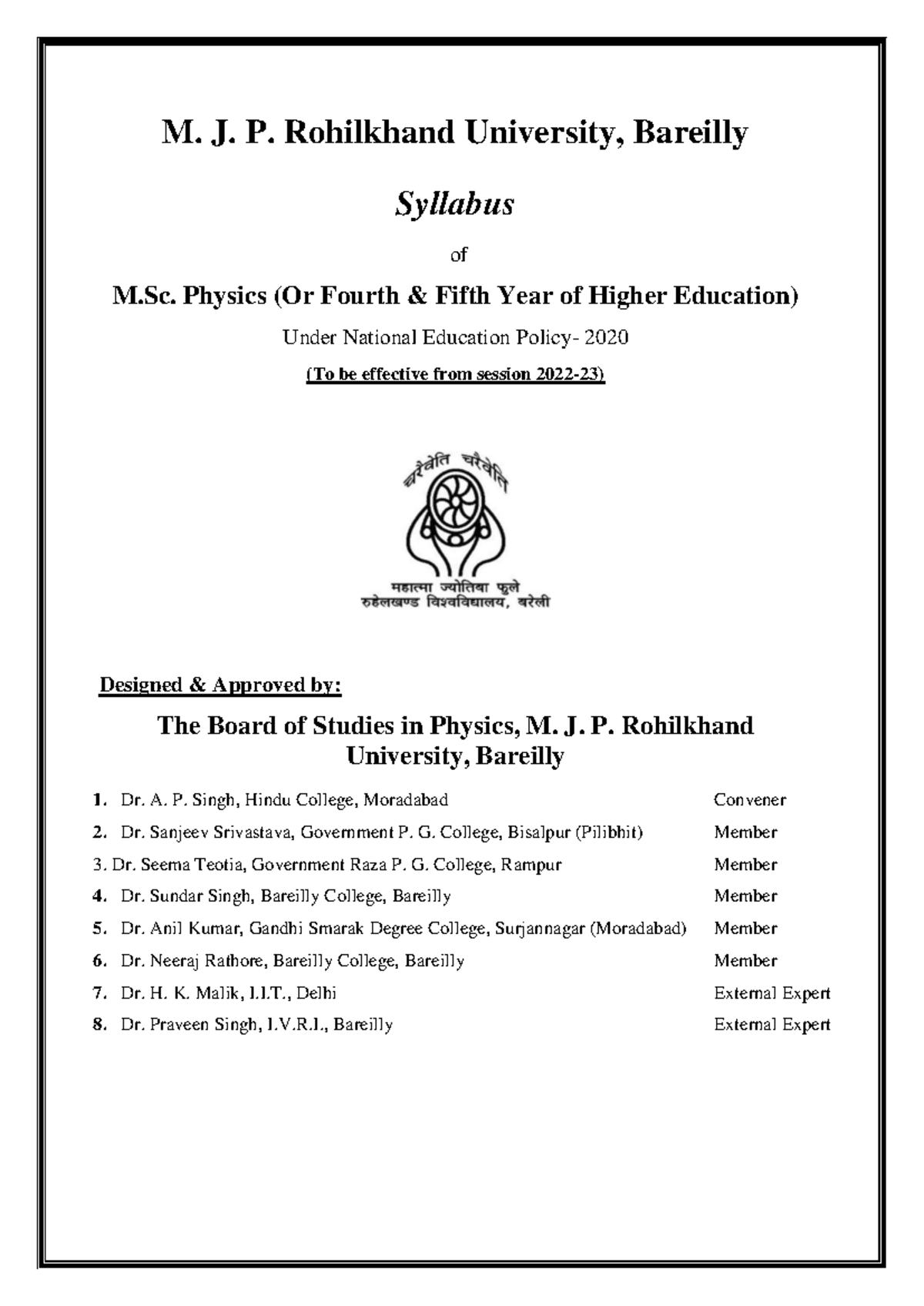 MSc Physics Syllabus (2022-23): Essential Course Details - Studocu