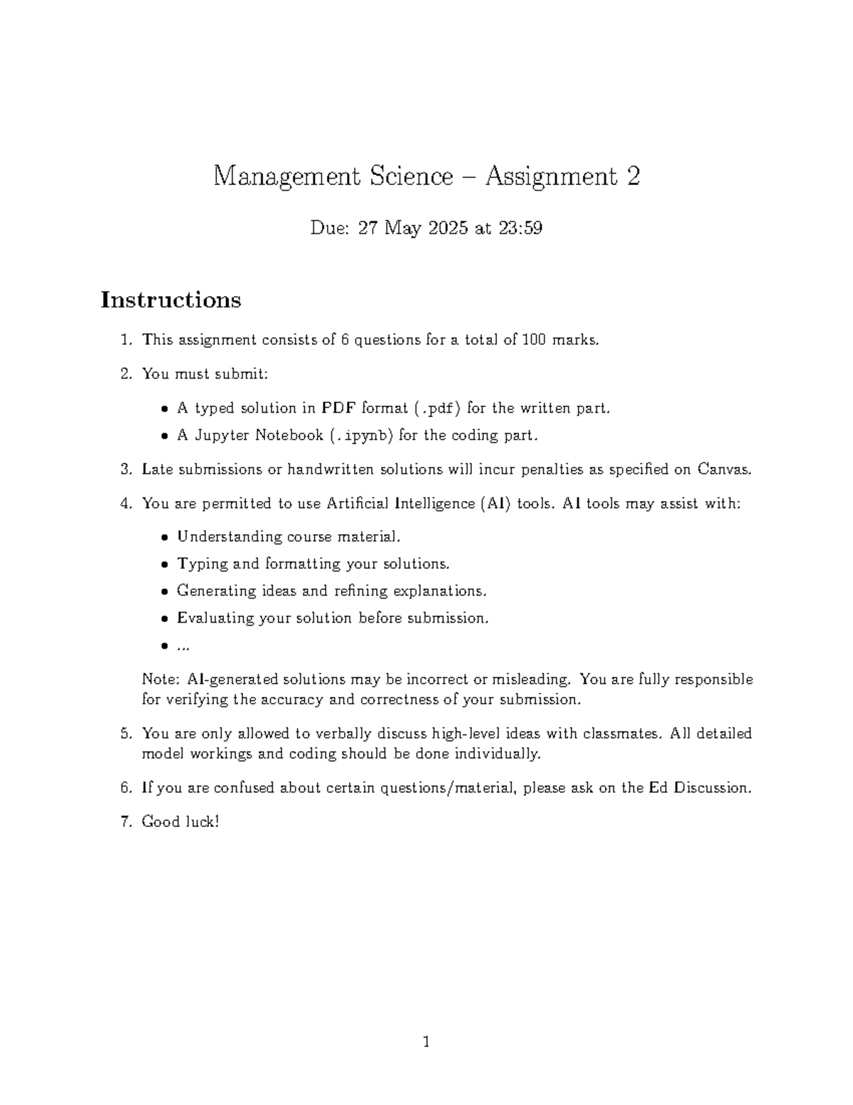 QBUS2310 Management Science Assignment 2: Optimization Problems ...