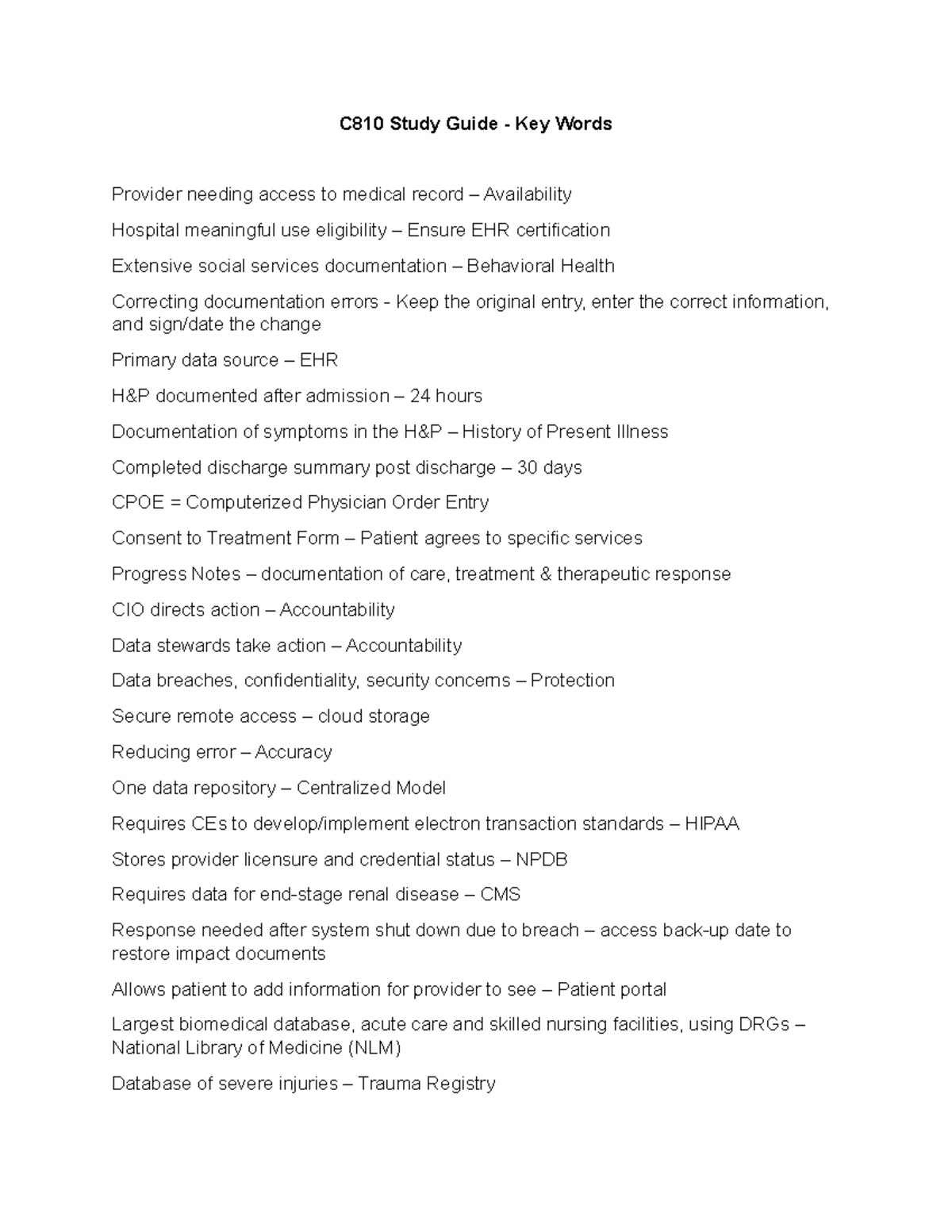 C810 Study Guide - Essential Key Terms for Medical Records - Studocu