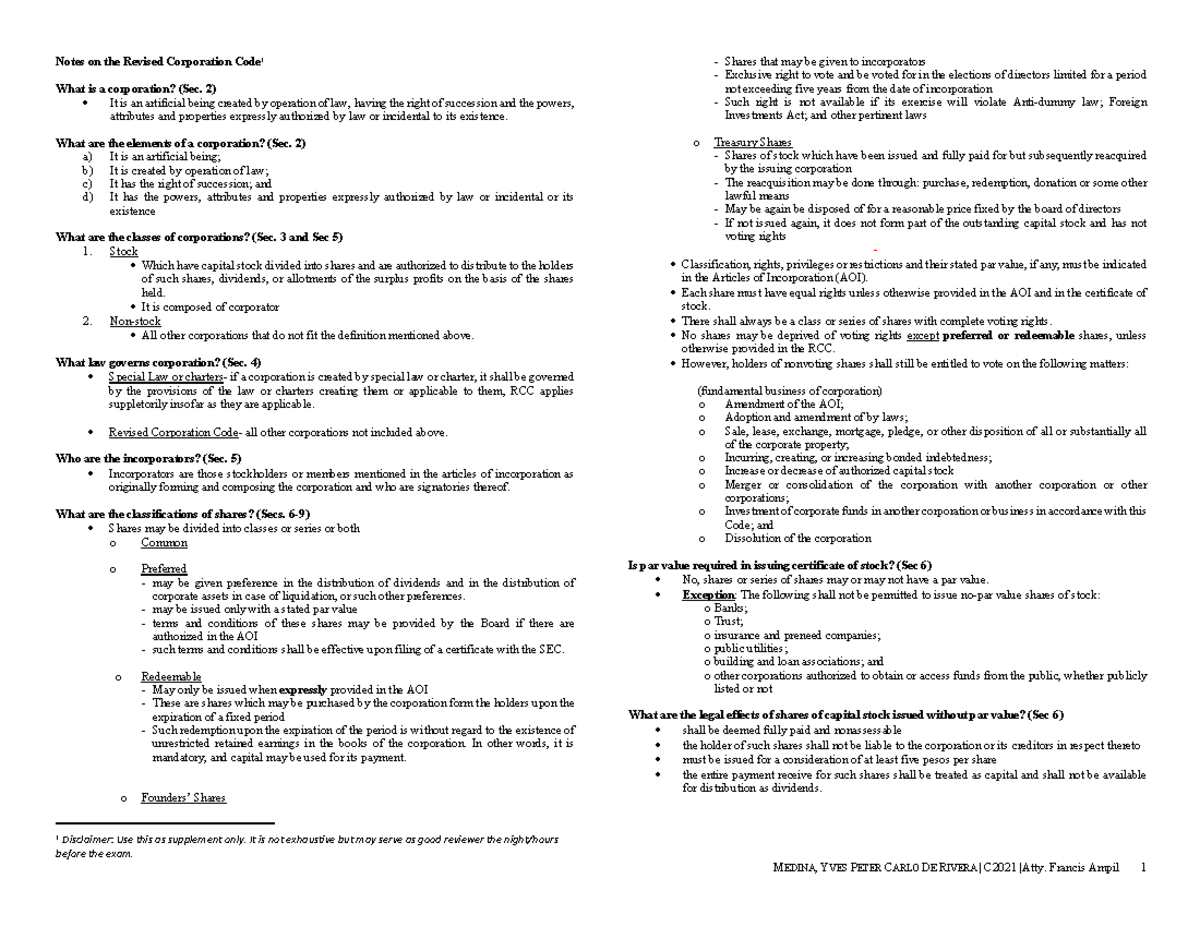 491781817 Notes on the Revised Corporation Code - Notes on the Revised ...