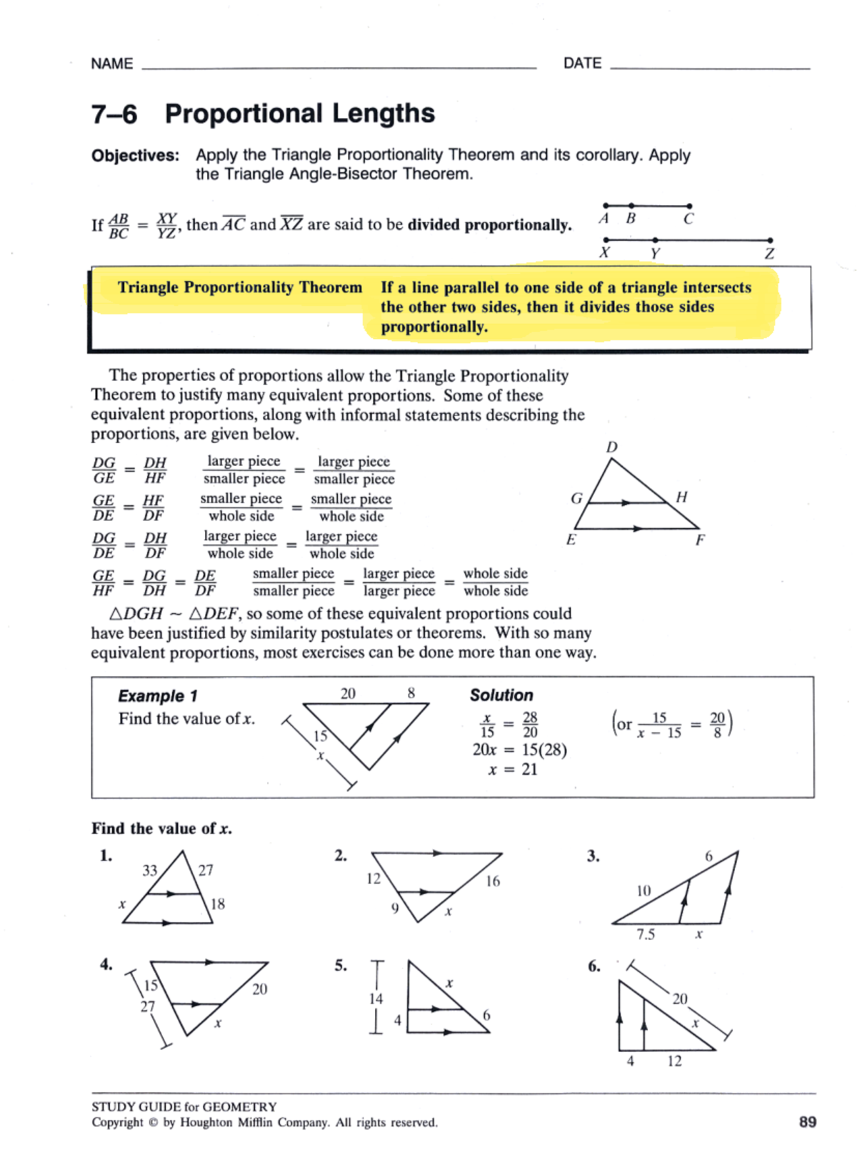 GEOMETRY Study Guide: Proportional Lengths and Triangle Theorem - Studocu