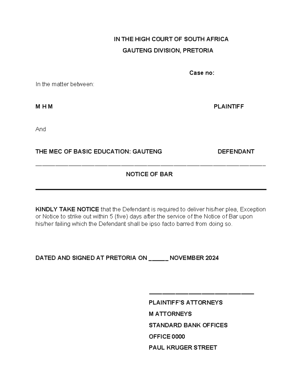 Notice of Bar - Practical Examples in South African Court Case - Studocu