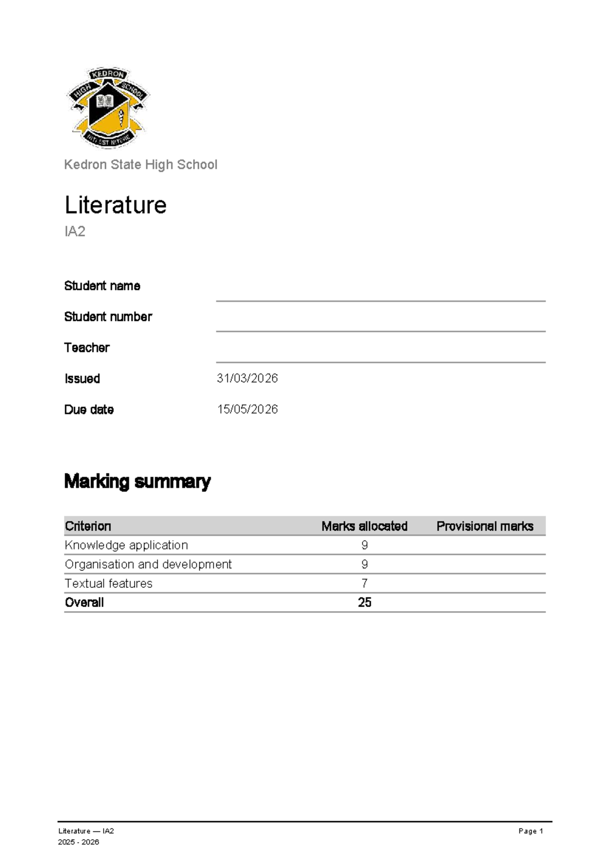 Literature IA2 Imaginative Response Task Sheet 2025-2026 - Studocu