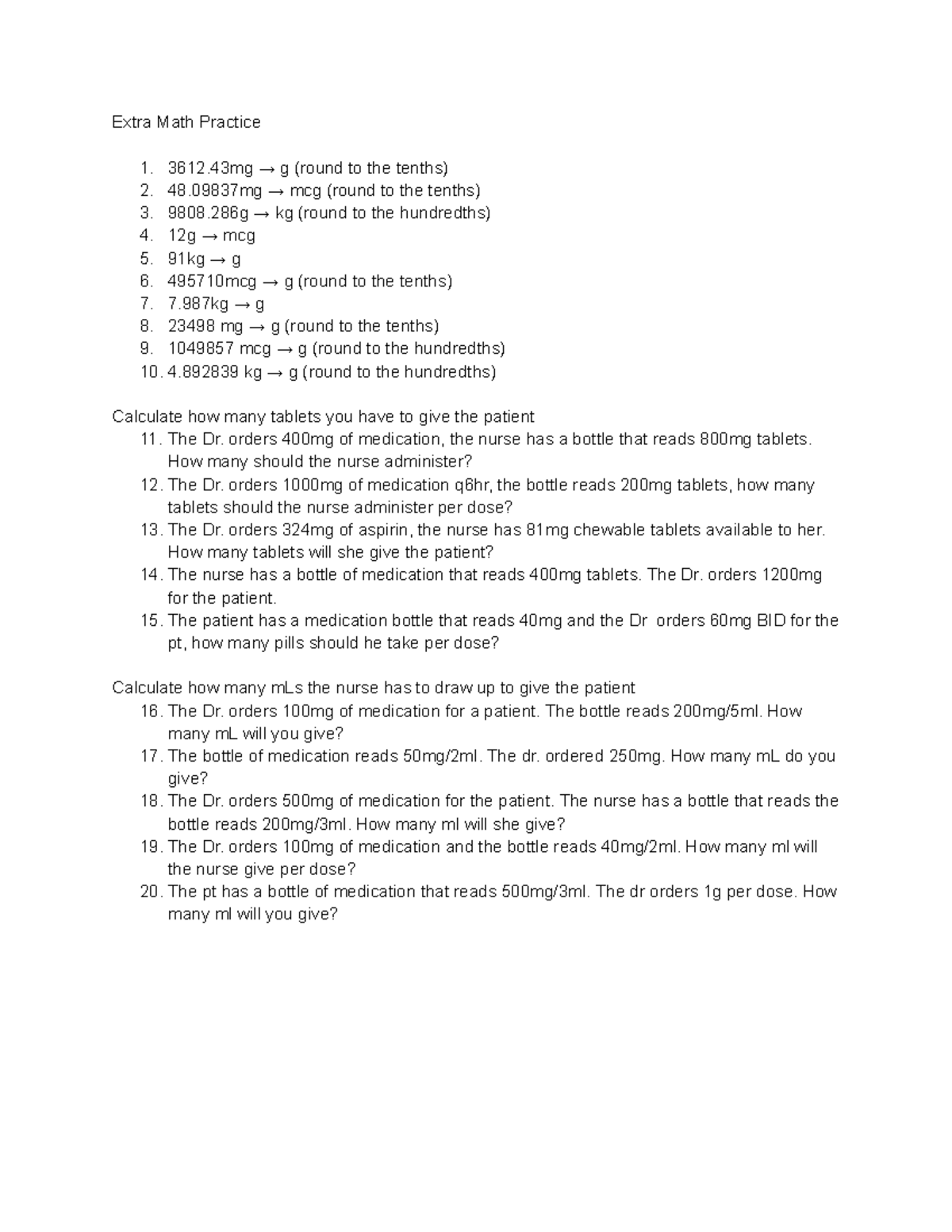 Extra Math Practice for Med Dosage Calculations 3612 - Studocu