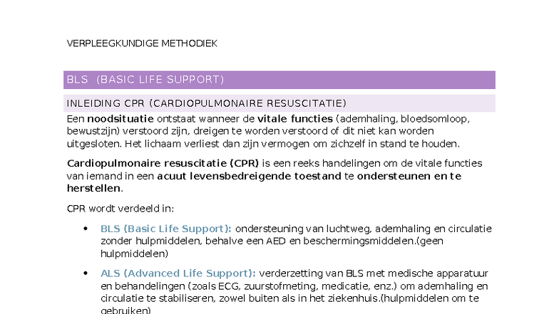 BLS (BASIC LIFE SUPPORT) INLEIDING EN METHODIEK VOOR CPR - Studocu
