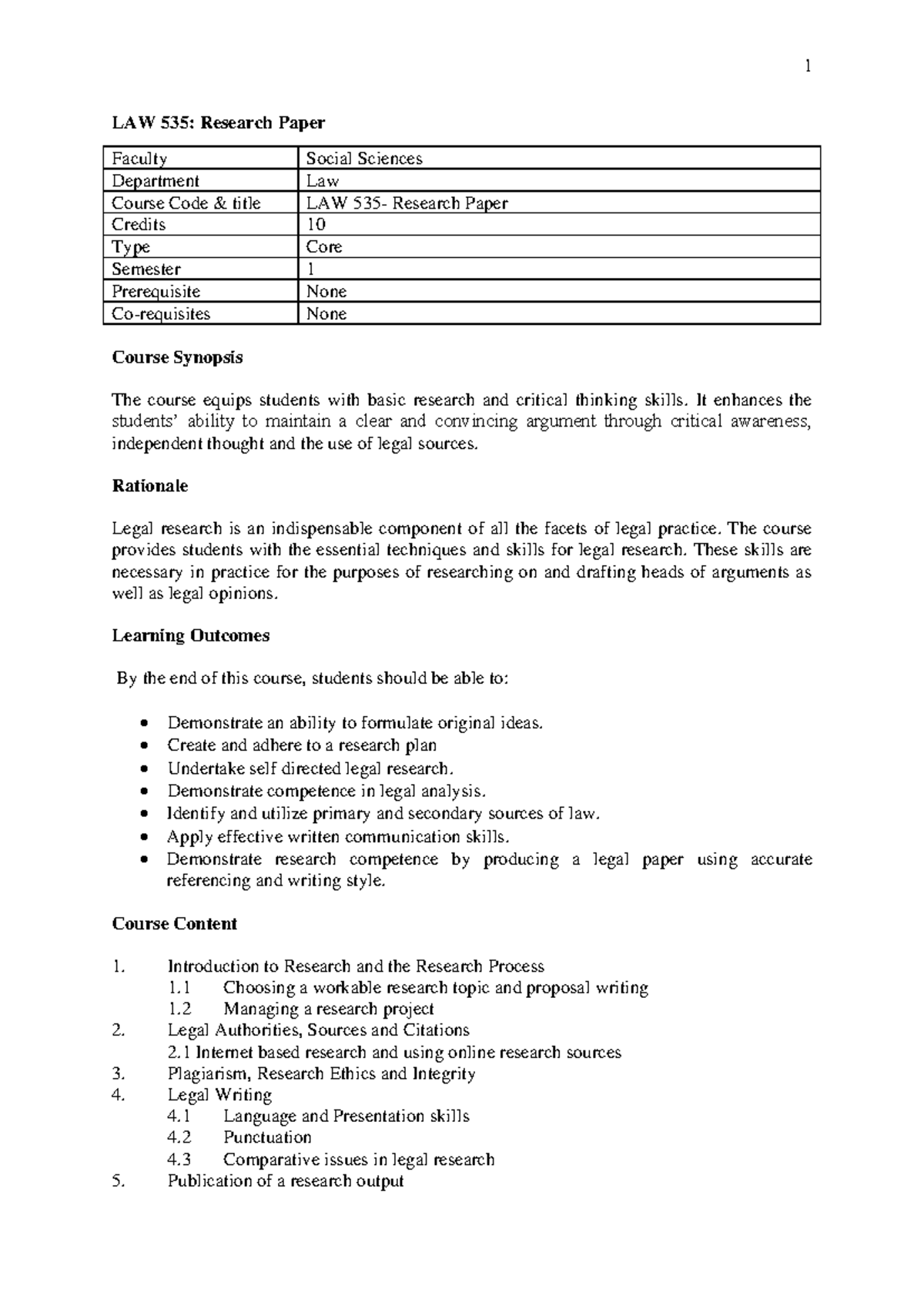LAW 535 - Research Paper Course Overview and Learning Outcomes - Studocu