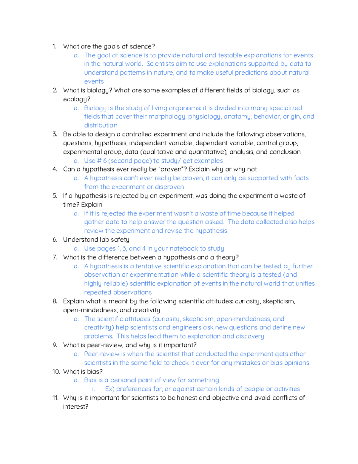 Honors Bio Ch. 1 Study Guide: Goals & Definitions of Science - Studocu
