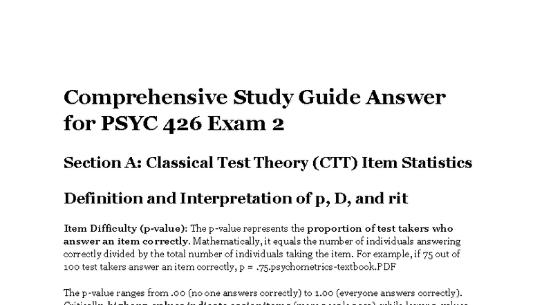 Comprehensive Study Guide for PSYC 426 Final Exam: Classical Test ...