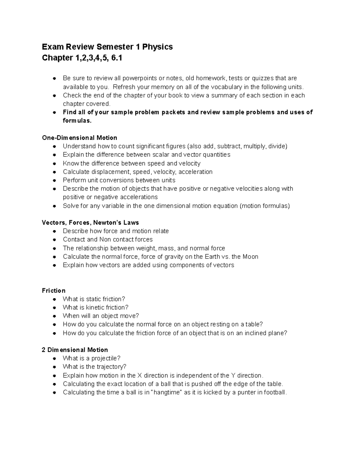 Exam Review Semester 1 - Exam study guide - Exam Review Semester 1 Physics Chapter 1,2,3,4,5, 6 ...