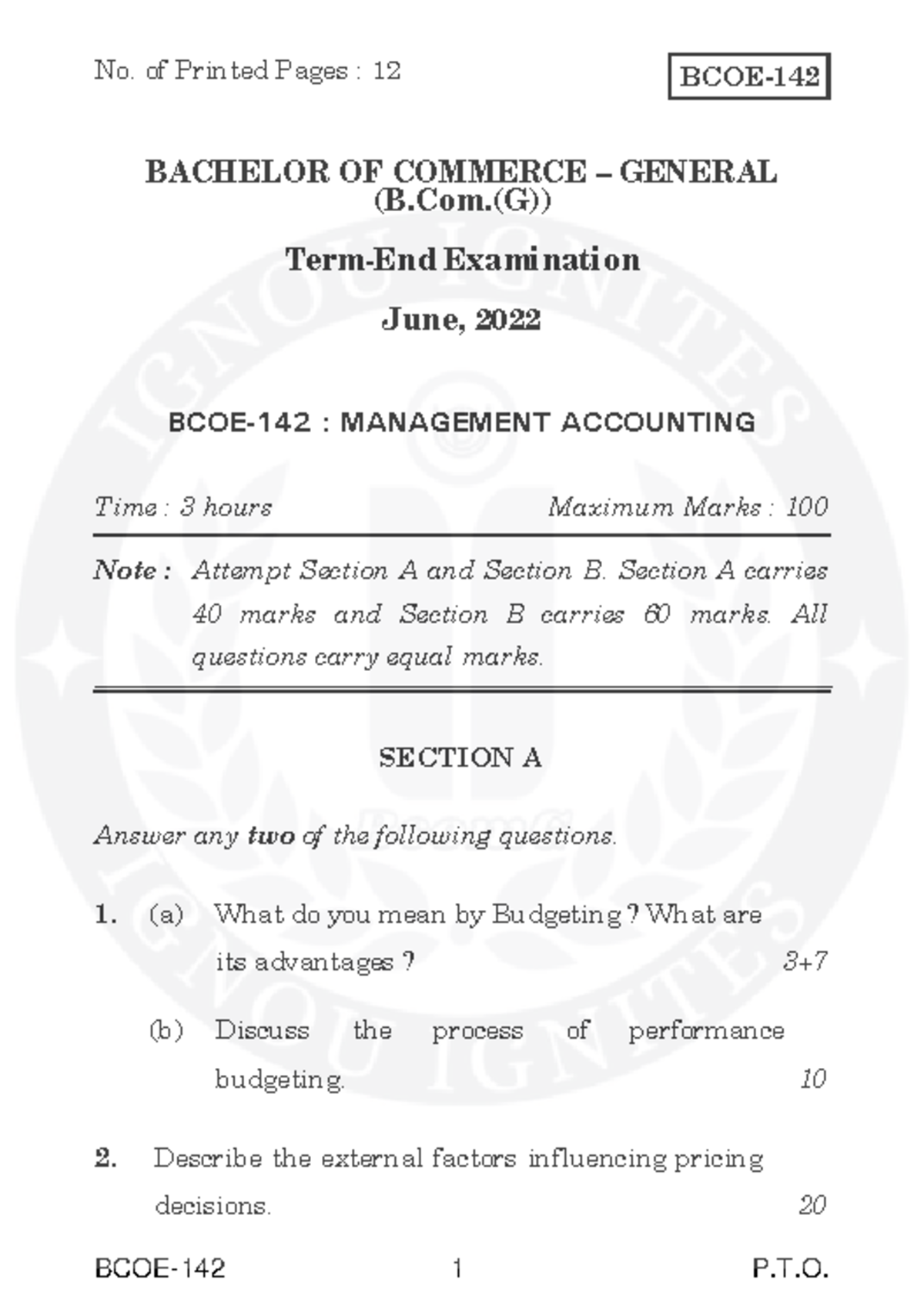 BCOE-142 TEE June2022 - PREVIOUS YEAR QUESTION - BCOE-142 1 P.T. BCOE ...