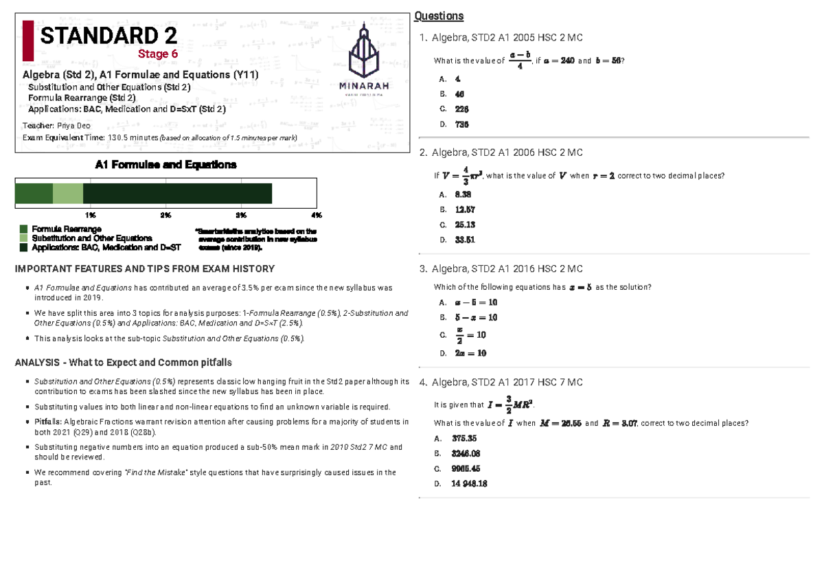 Algebra Formulae and Equations: STD2 A1 HSC Exam Questions - Studocu