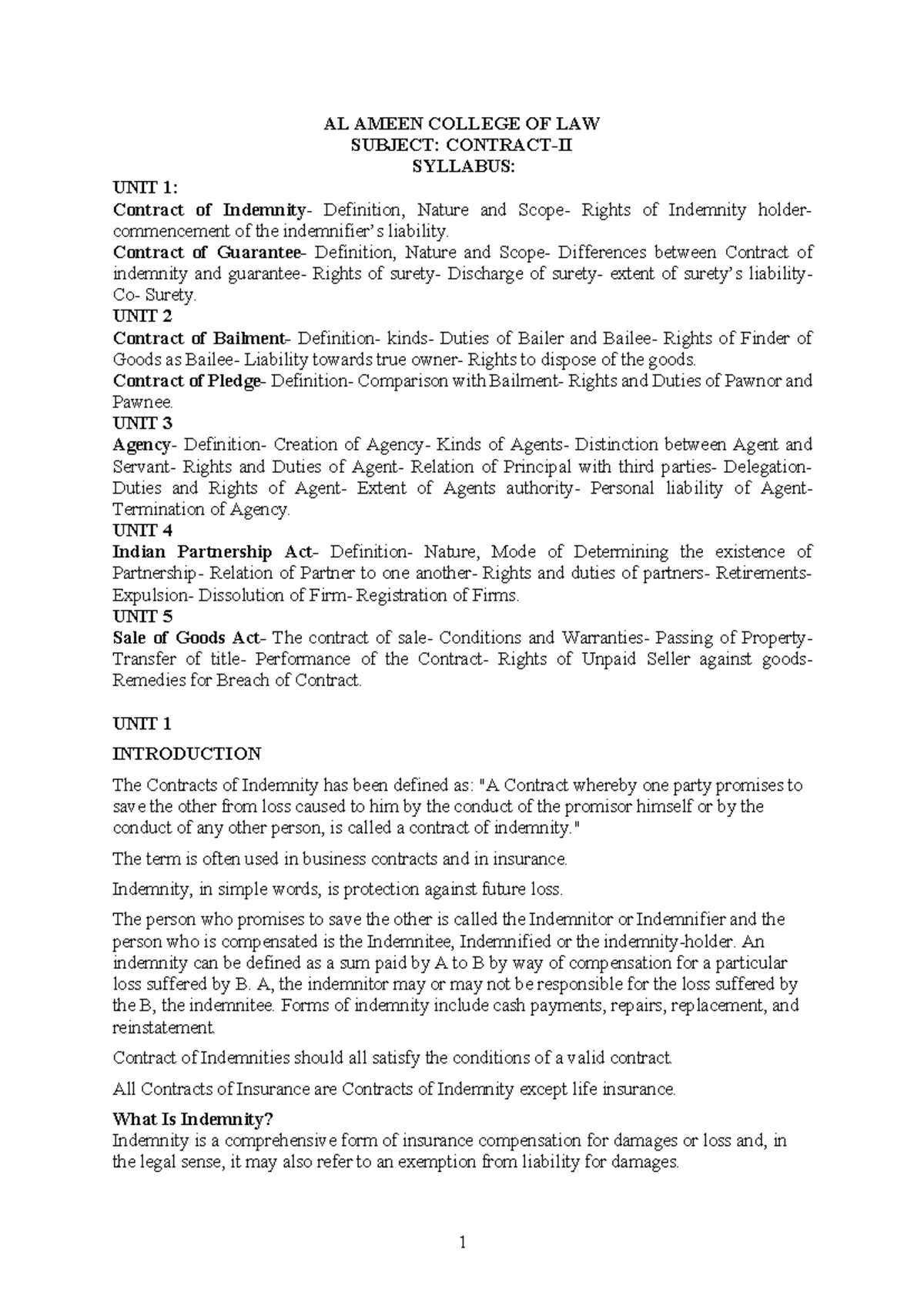 Contract II (LAW-202) Al Ameen Lecture Notes on Indemnity & Guarantee ...