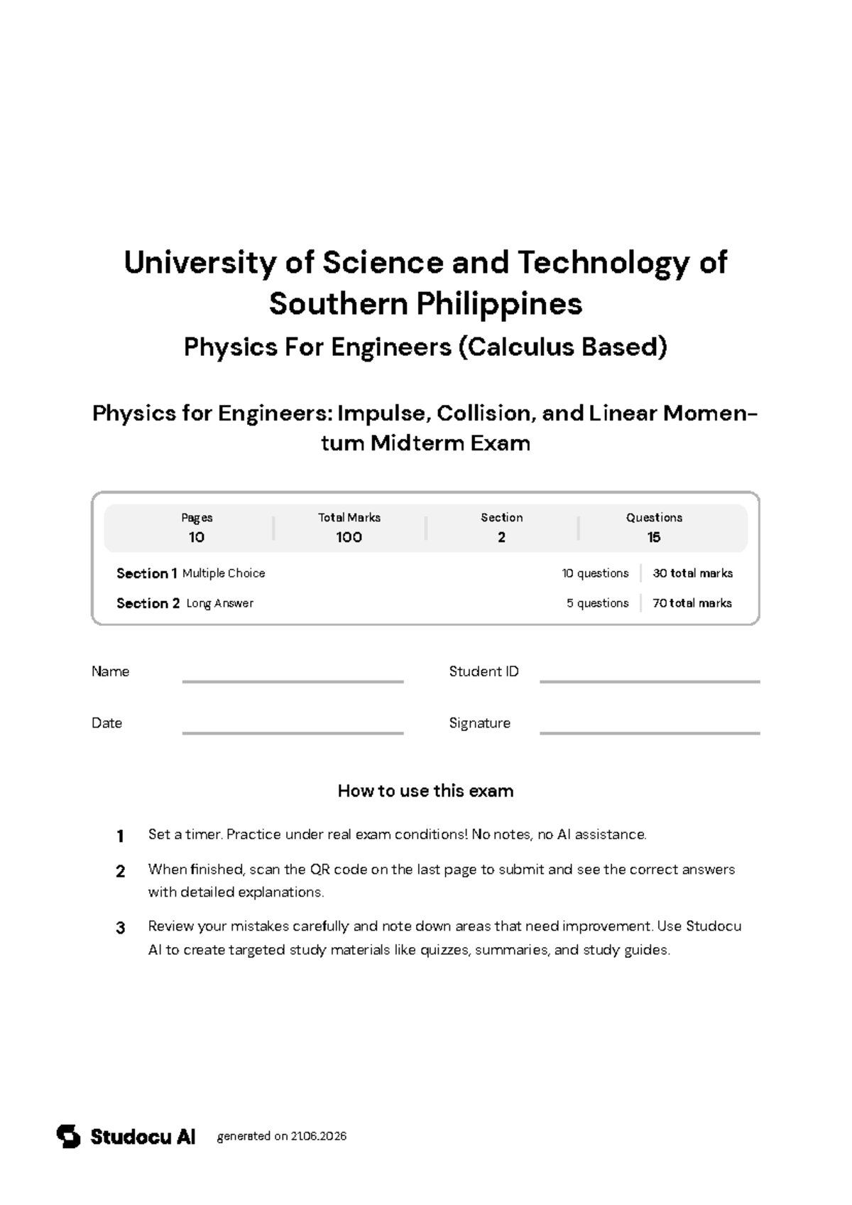 Phys120: Impulse, Collision, and Linear Momentum Midterm Exam - Studocu