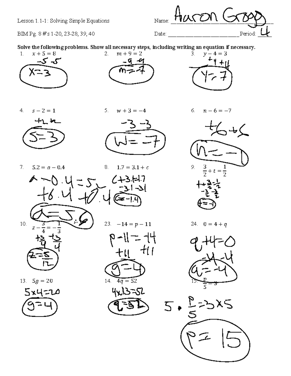 BIM 1.1-1 HW-1: Solving Simple Equations Lesson Notes - Studocu