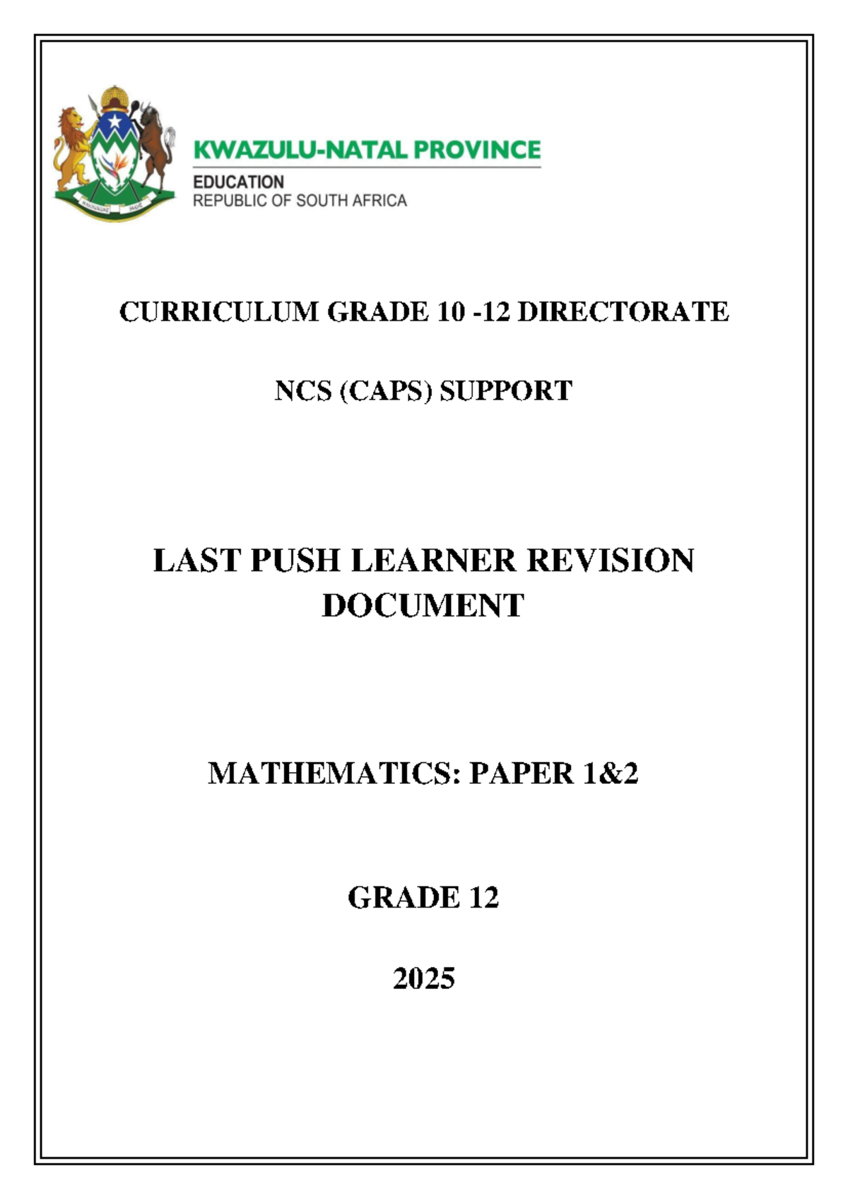 GR 12 MATH LAST PUSH Revision Document 2025 - Studocu