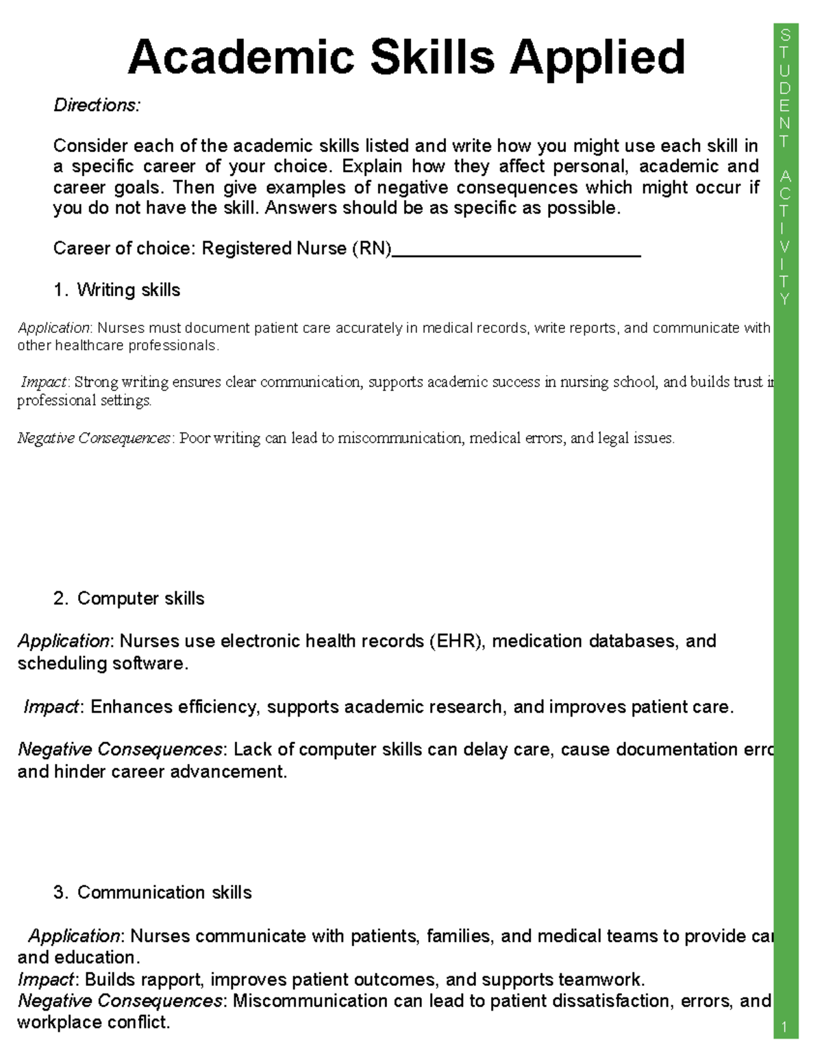 Academic Skills Applied for RN Career: Impact & Consequences - Studocu