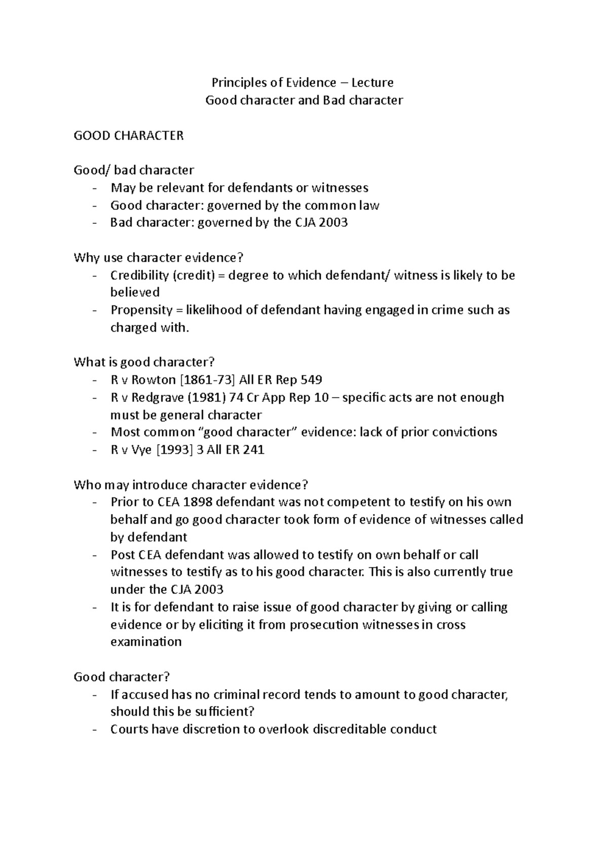 Principles of Evidence (LAW123) – Lecture on Good and Bad Character ...
