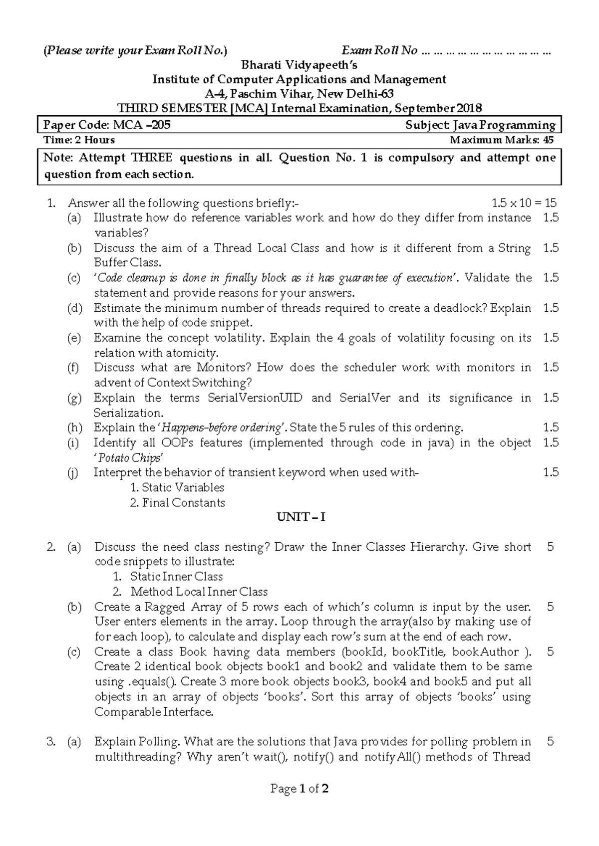 MCA 109 Internal Exam Question Paper - Java Programming 2018 - Studocu