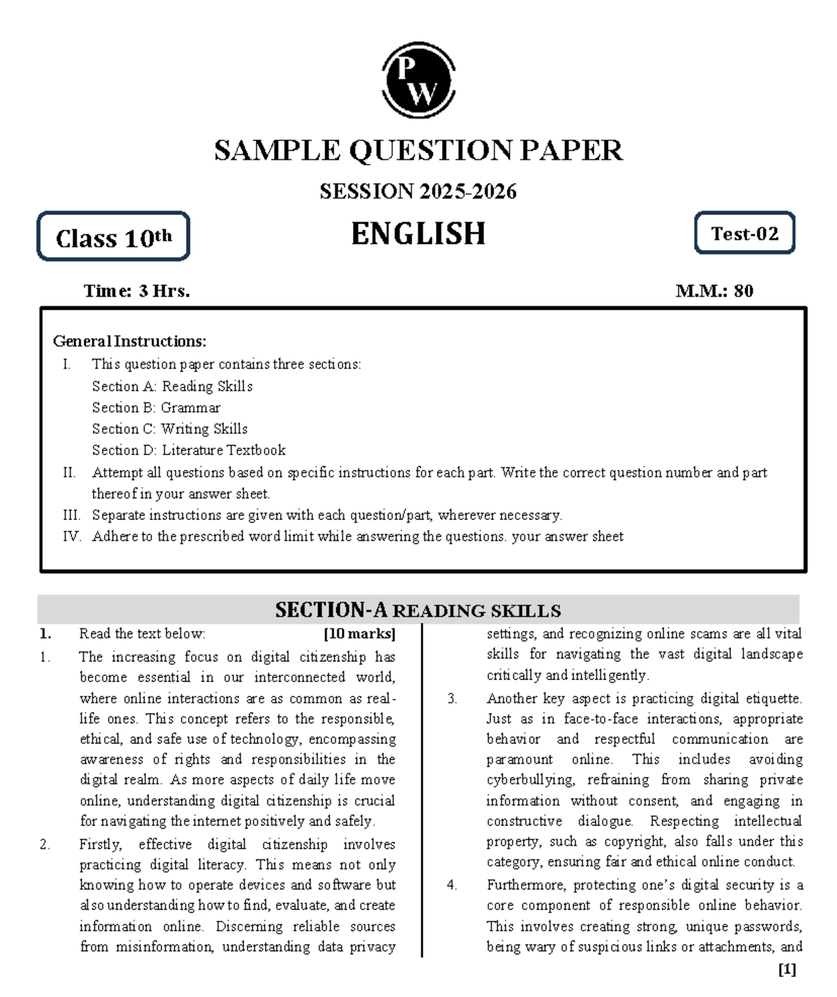Class 10th English Sample Question Paper: Reading, Grammar & Writing ...