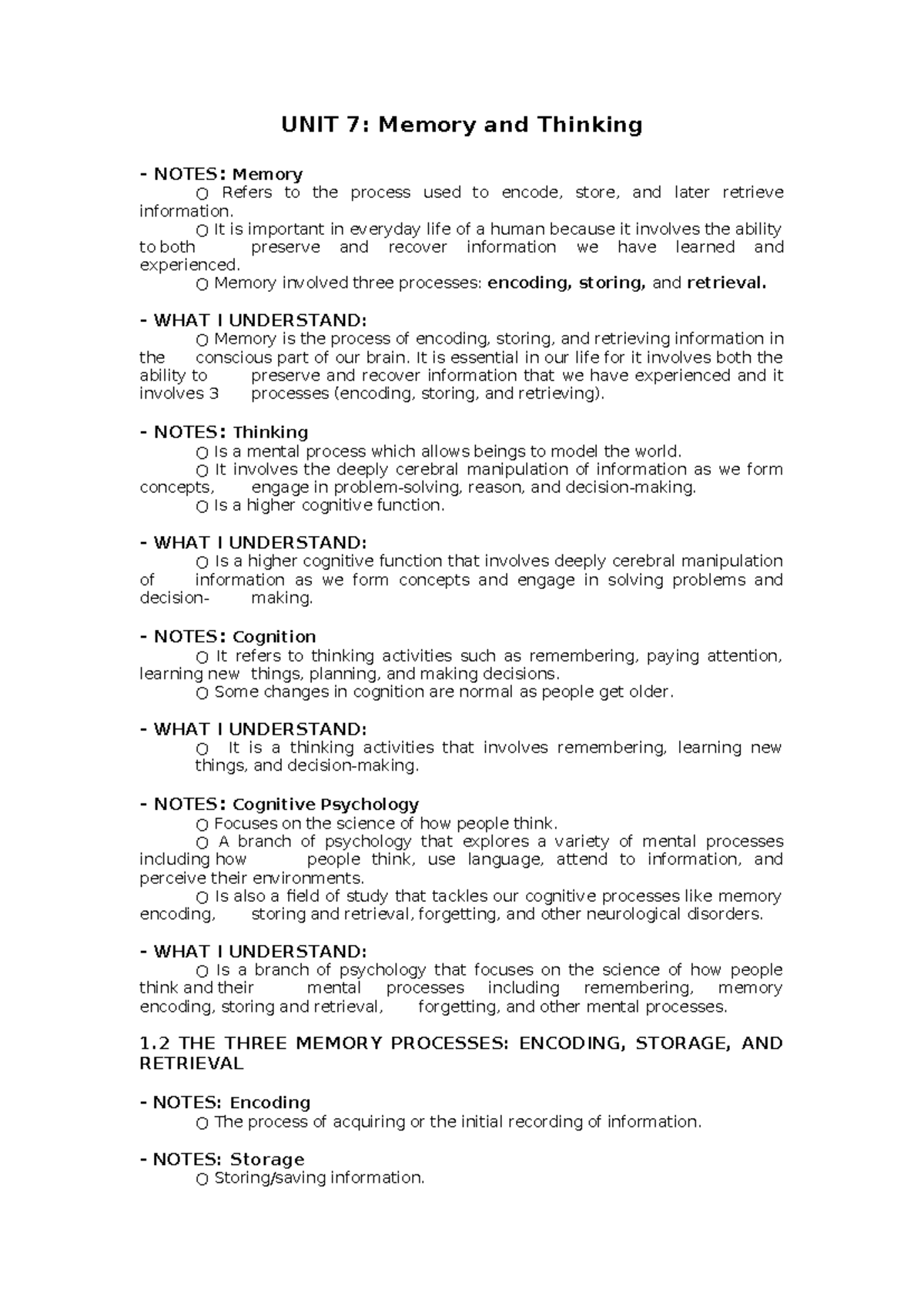 UNIT 7 Memory AND Thinking Reviewer - UNIT 7: Memory and Thinking ...