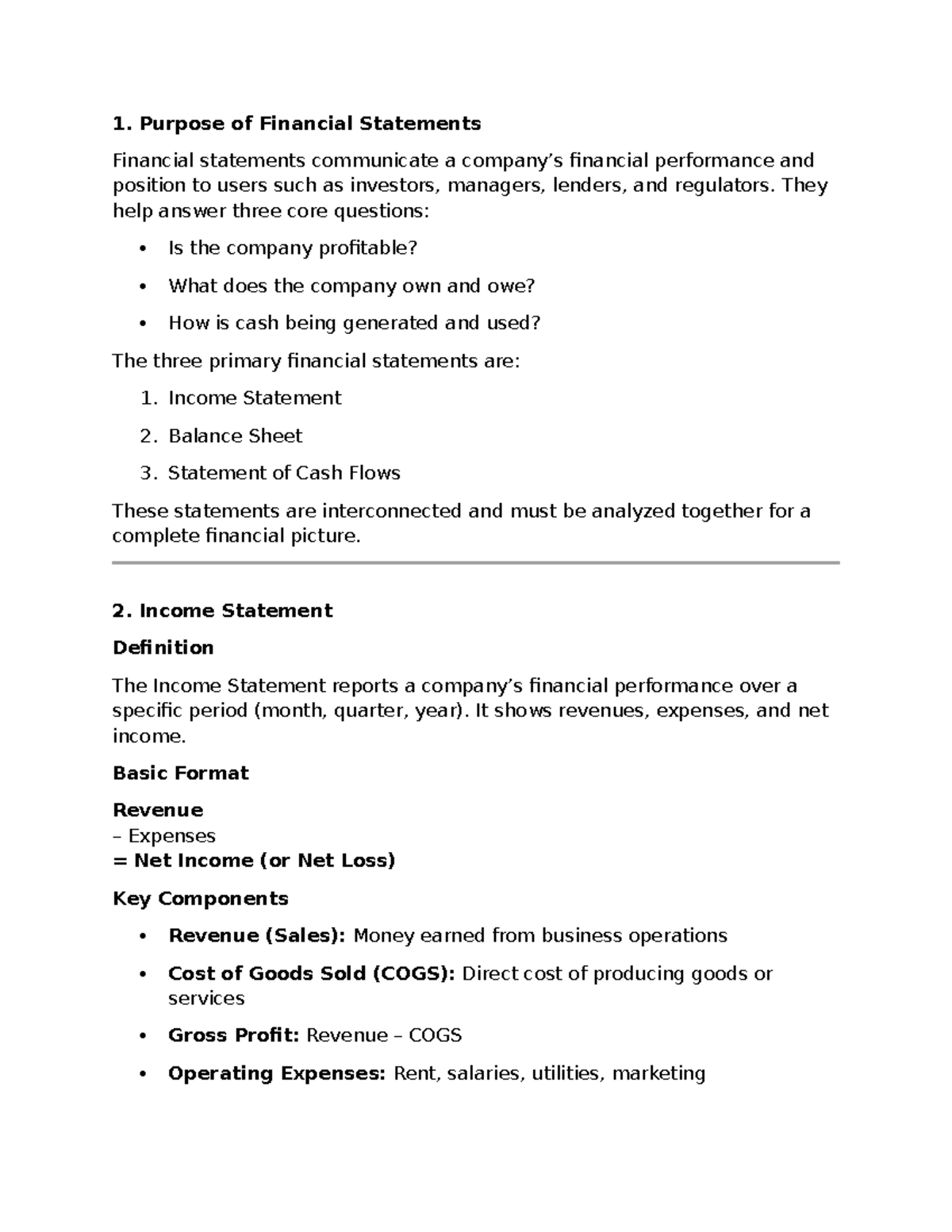 Notes - Topic: Financial Statements (Income Statement, Balance Sheet ...