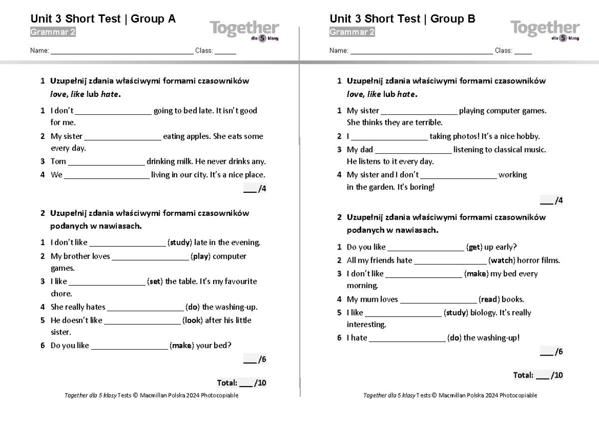 Together kl5 Short Test U3 Grammar 2 - Love, Like, Hate - Studocu