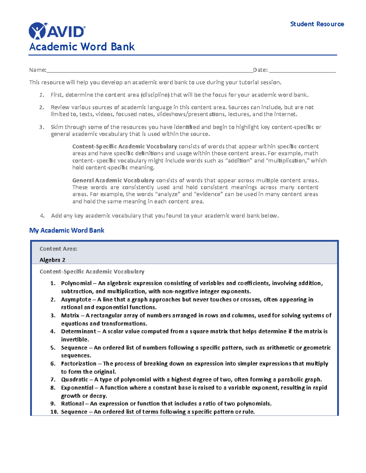 Copy of Academic Word Bank - Student Resource Academic Word Bank Name ...