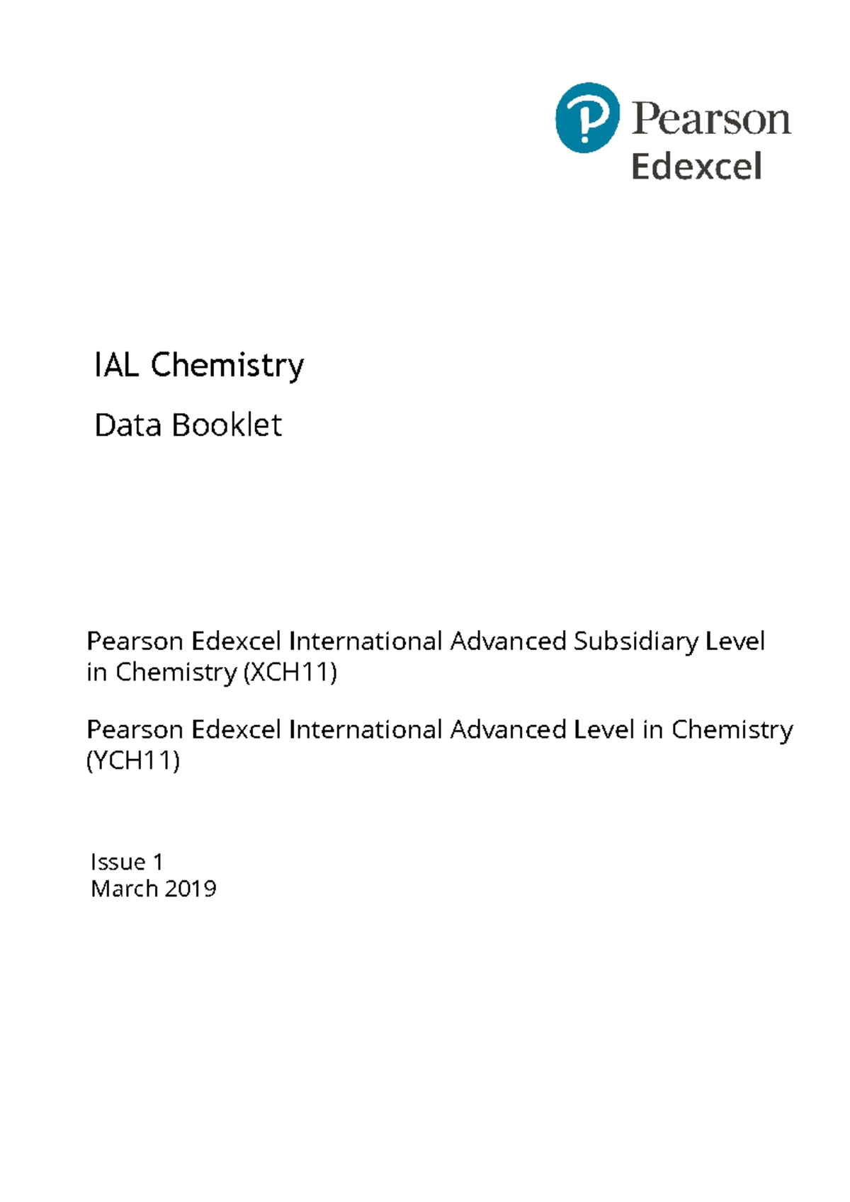 Pearson Edexcel IAL Chemistry Data Booklet (XCH11/YCH11) - March 2019 ...