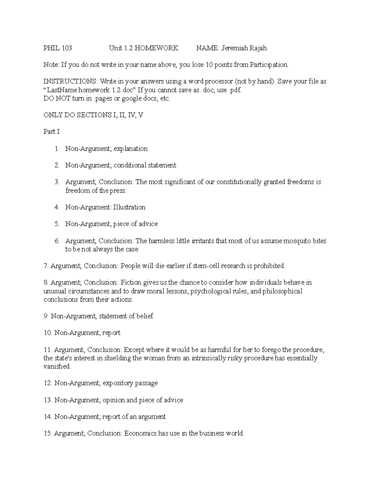 PHIL 103 Homework 1 - Non-Argument & Argument Analysis - Studocu