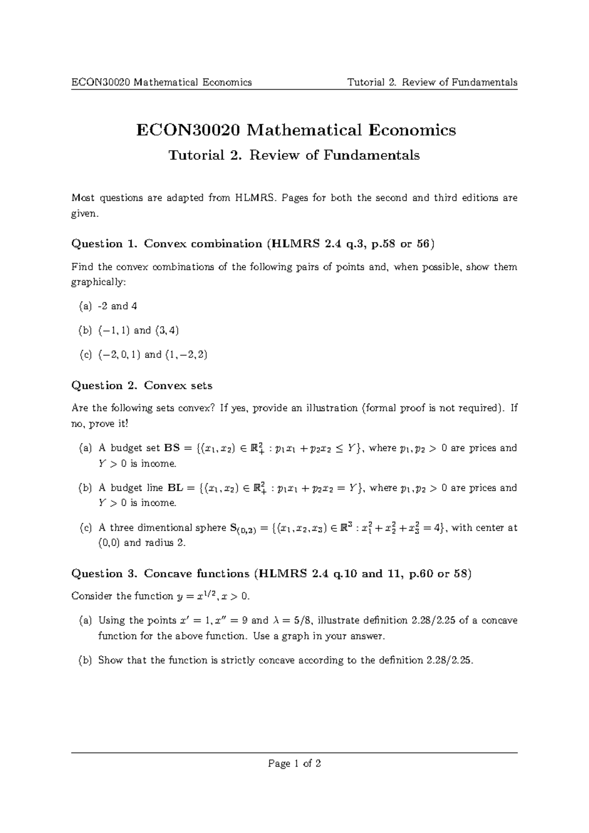 ECON30020-T2 Mathematical Economics Tutorial 2: Fundamentals Review ...