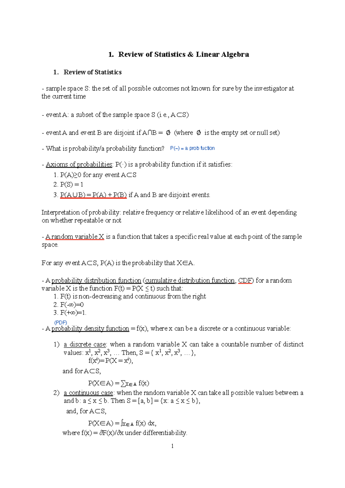 Review of Statistics and Linear Algebra Concepts - Studocu