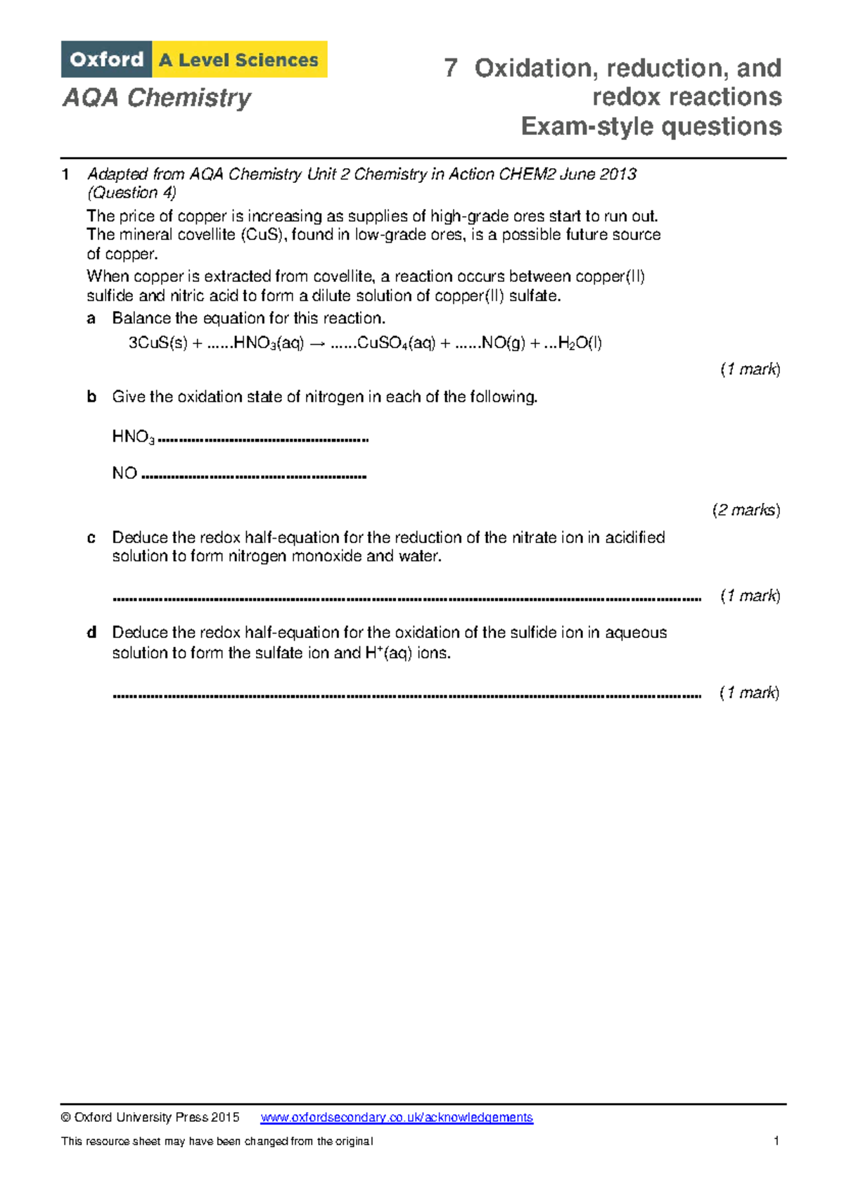 Chem2 Redox Reactions Exam-Style Questions AQA Chemistry - Studocu